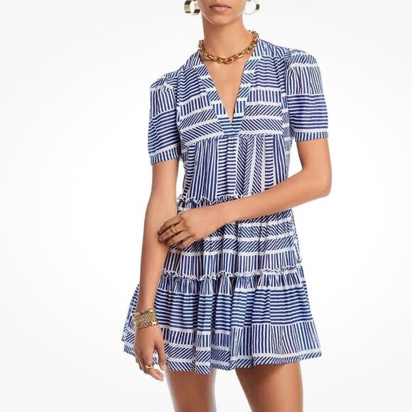Aqua | Dresses | Aqua Blue And White Tiered Ruffled Puff Sleeve ...